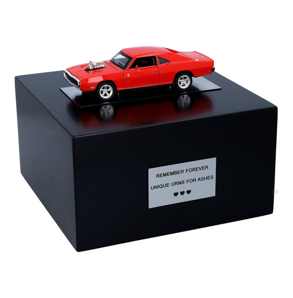 Black Wooden Urn With a Dodge Car, Cremation box - Remember Forever