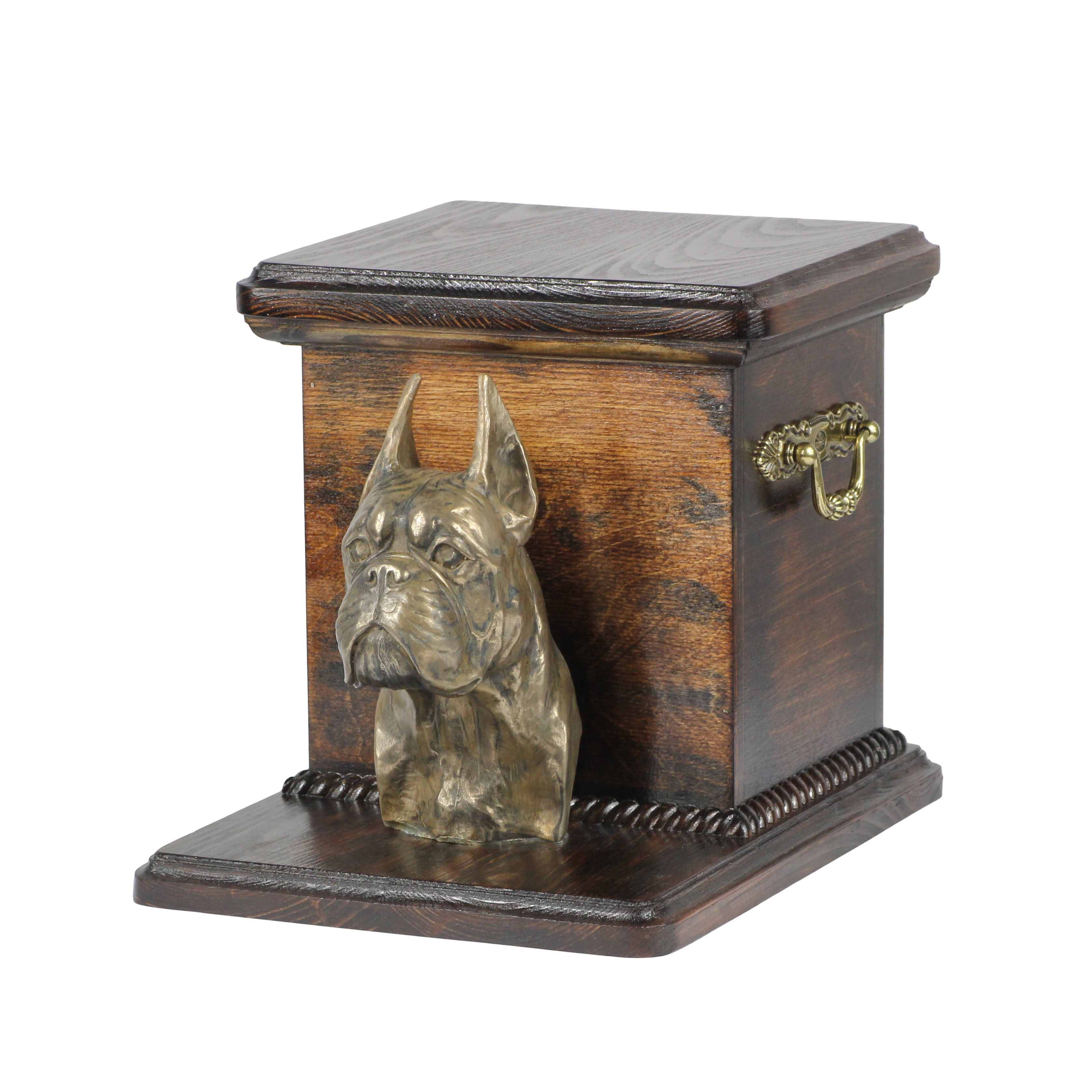 Wood casket cremation urn for dog’s ashes - statue Boxer Cropped (21 ...